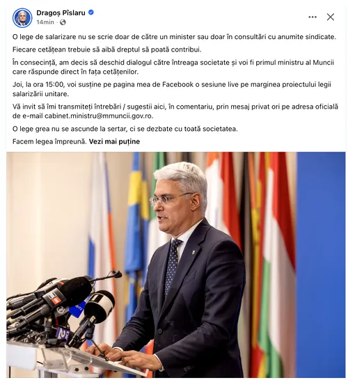 Ministrul Pîslaru face sesiune live pe Facebook pe Legea salarizării ...